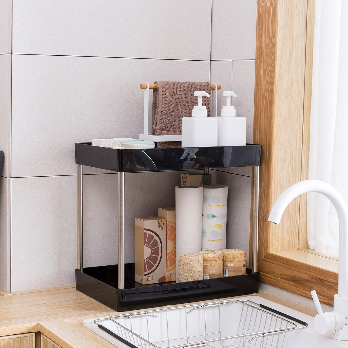 Two Tier Shelf Organizer with Hooks: Maximize Space and Efficiency
