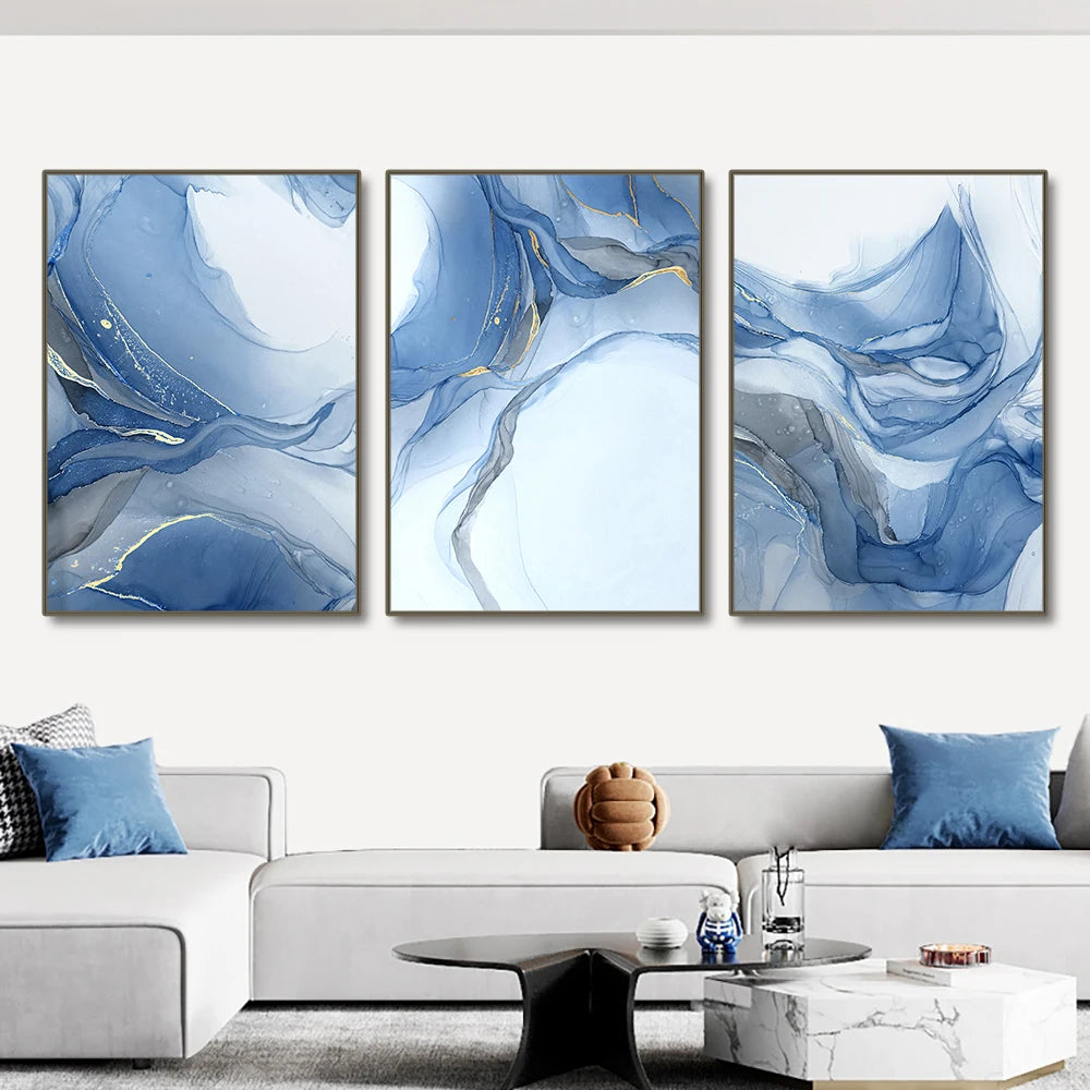 Frameless Blue Triptych Poster Serene Blue Abstract Canvas Prints